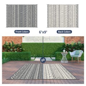 MCOW 6'x9' Boho Outdoor Rugs for Patios, Waterproof Plastic Straw Rug, Reversible Rv Area Mat Clearance for Outside, Camping, Deck, Camper, Porch, Balcony, Backyard, Picnic, Grey&White