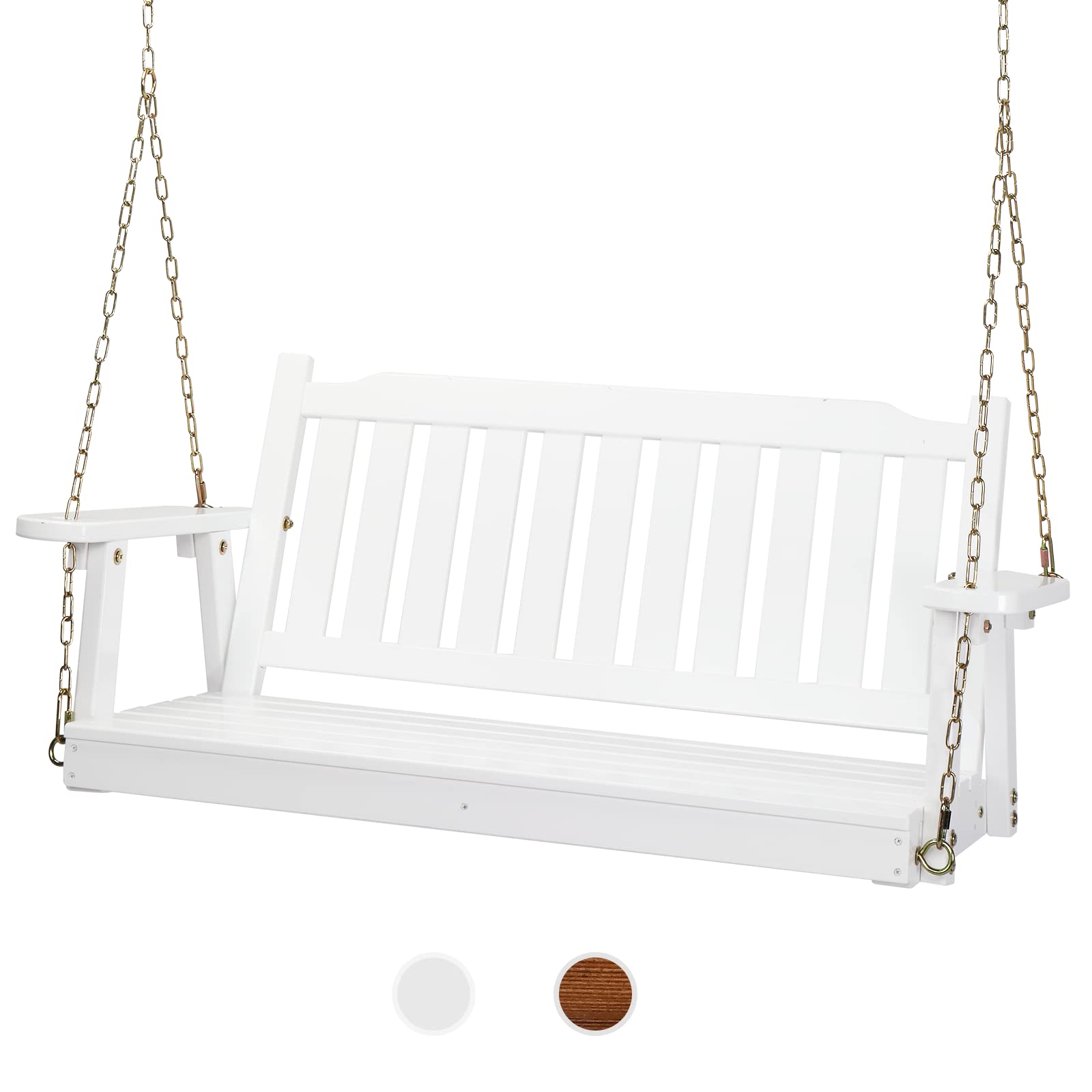 VINGLI Heavy Duty 880 LBS 4 FT Patio Wooden Porch Swing with Upgraded Adjustable Chains, Outdoor Handing Swing Bench for Garden, Yard, Balcony (White)