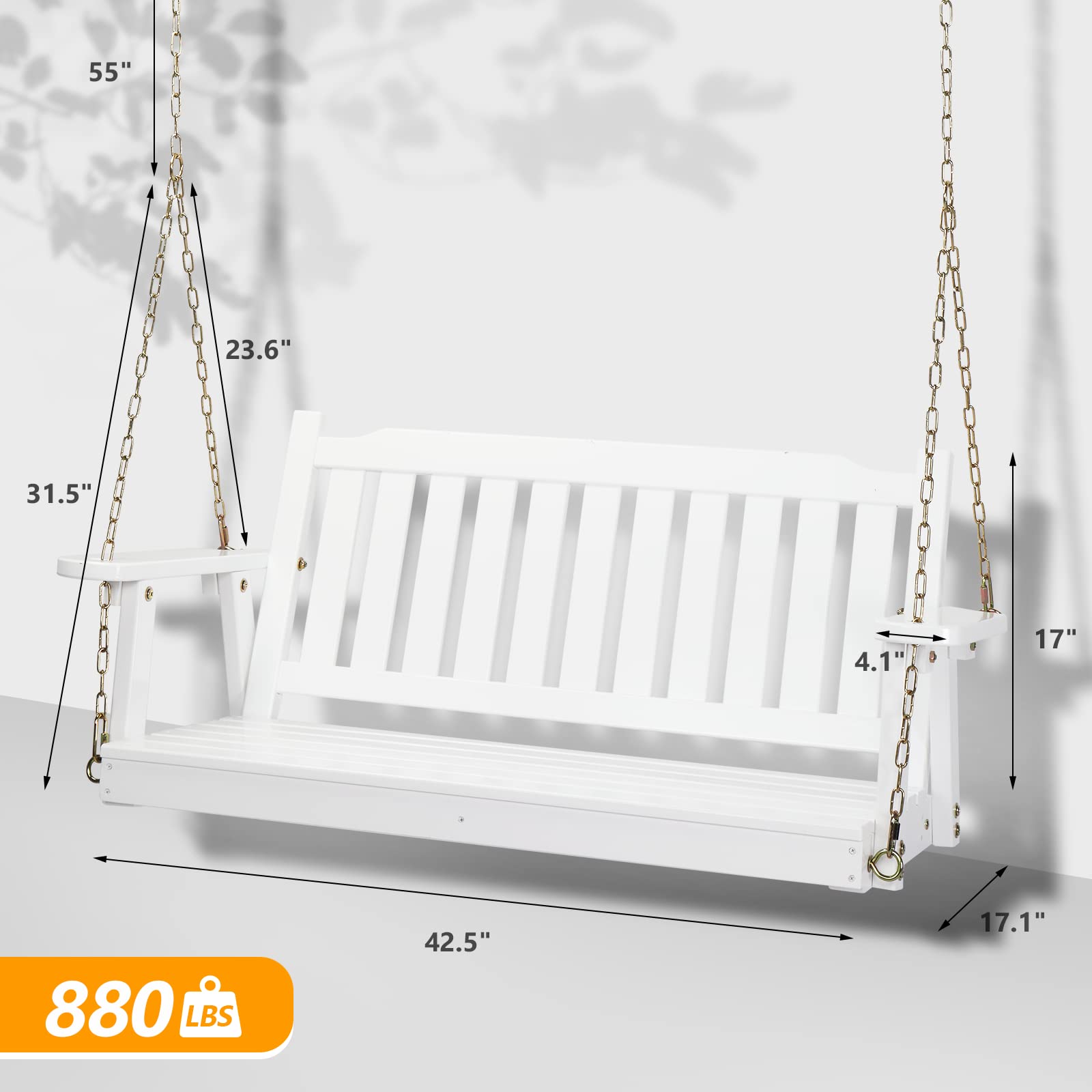 VINGLI Heavy Duty 880 LBS 4 FT Patio Wooden Porch Swing with Upgraded Adjustable Chains, Outdoor Handing Swing Bench for Garden, Yard, Balcony (White)