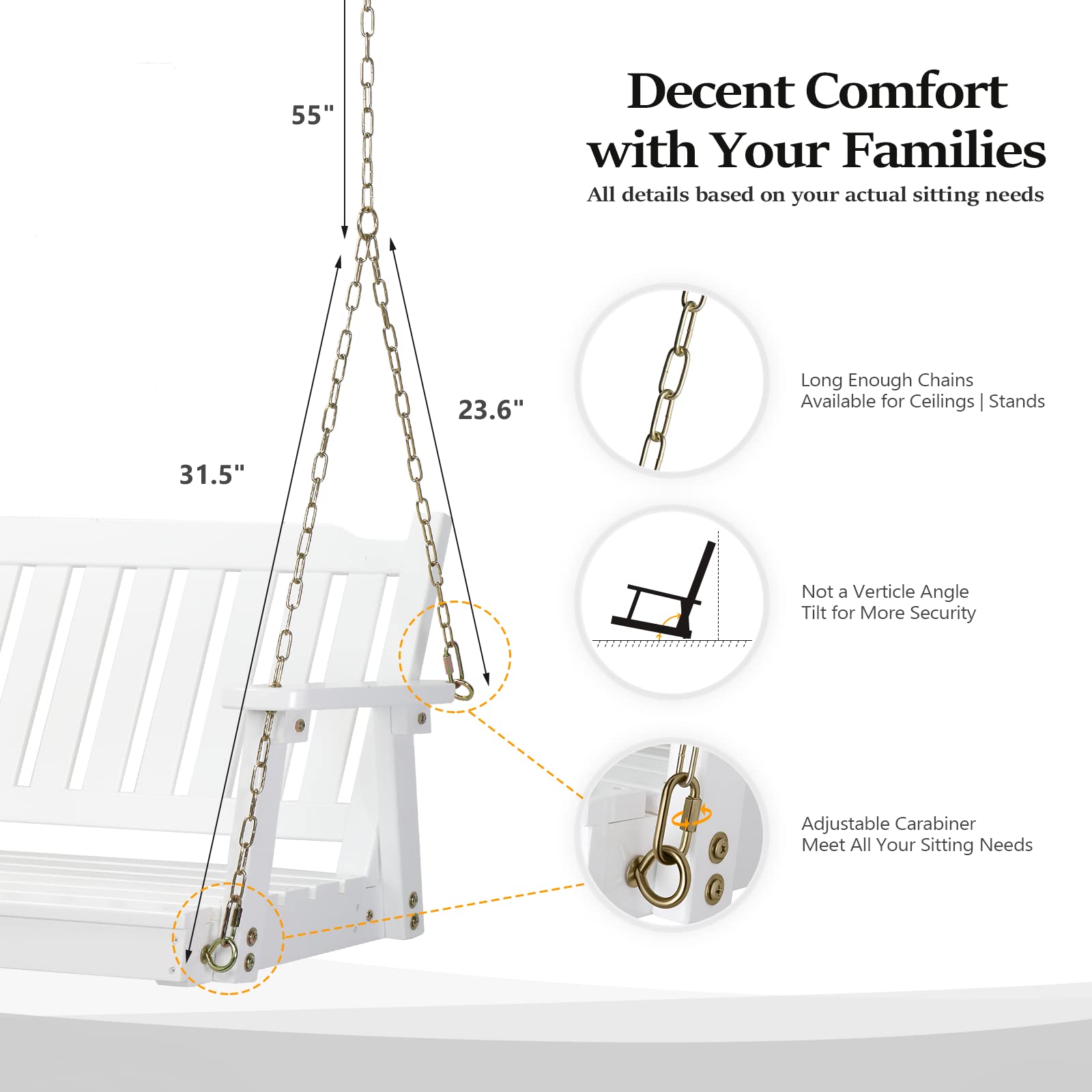 VINGLI Heavy Duty 880 LBS 4 FT Patio Wooden Porch Swing with Upgraded Adjustable Chains, Outdoor Handing Swing Bench for Garden, Yard, Balcony (White)