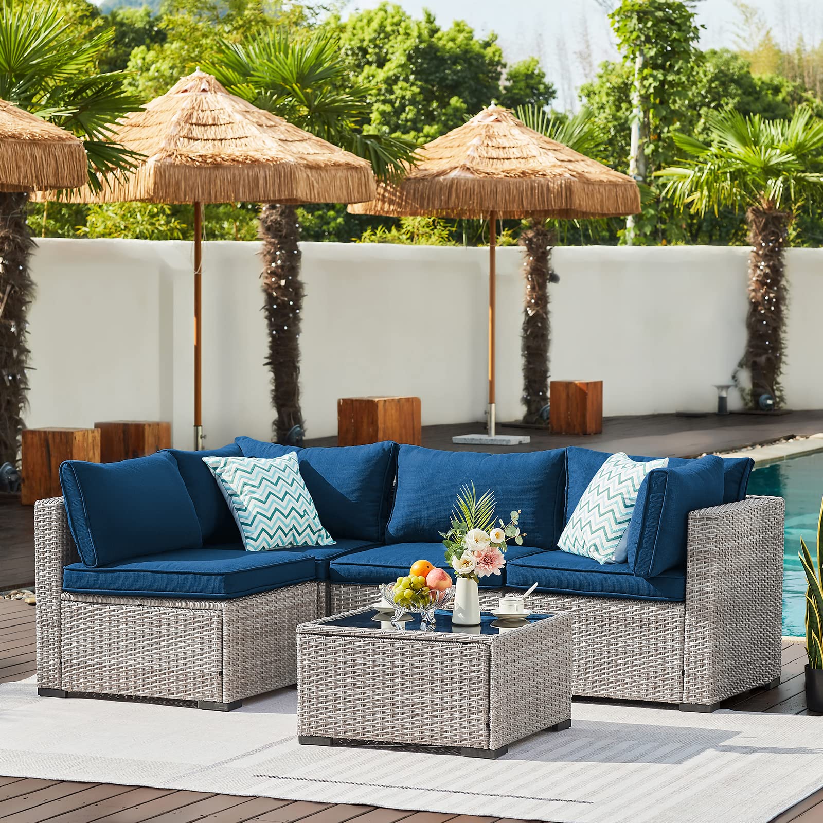 NATURAL EXPRESSIONS Patio Furniture Set Outdoor Furniture Sectional Sofa 5 Piece Wicker All Weather Outdoor Couch with Tempered Glass Coffee Table & Olefin Cushions for Deck Backyard Balcony Sun Rooms