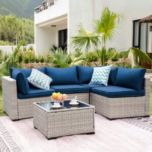 NATURAL EXPRESSIONS Patio Furniture Set Outdoor Furniture Sectional Sofa 5 Piece Wicker All Weather Outdoor Couch with Tempered Glass Coffee Table & Olefin Cushions for Deck Backyard Balcony Sun Rooms