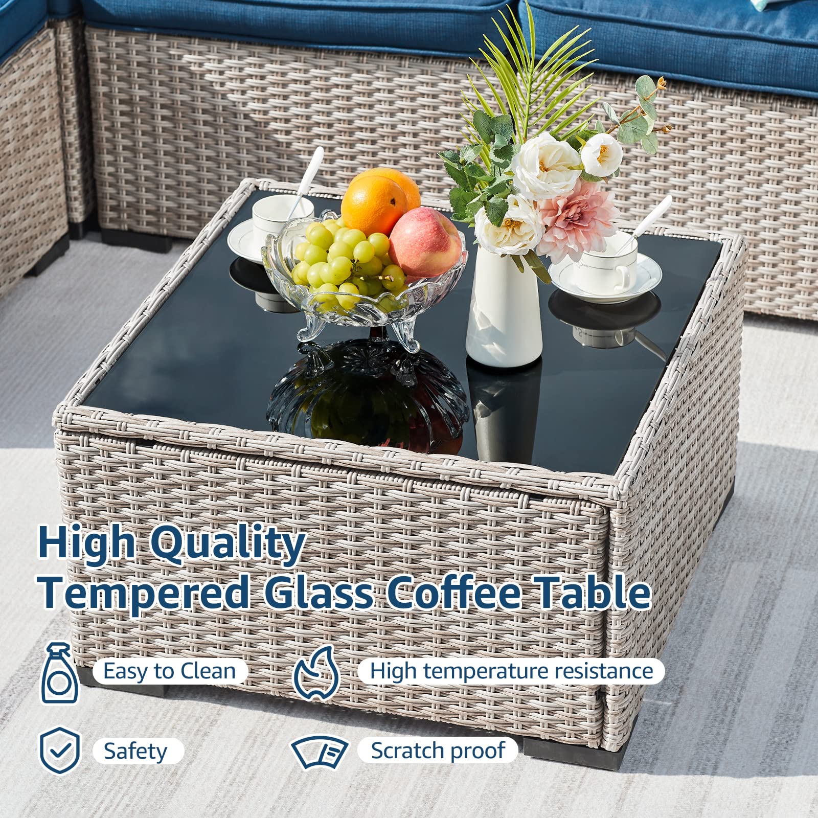 NATURAL EXPRESSIONS Patio Furniture Set Outdoor Furniture Sectional Sofa 5 Piece Wicker All Weather Outdoor Couch with Tempered Glass Coffee Table & Olefin Cushions for Deck Backyard Balcony Sun Rooms