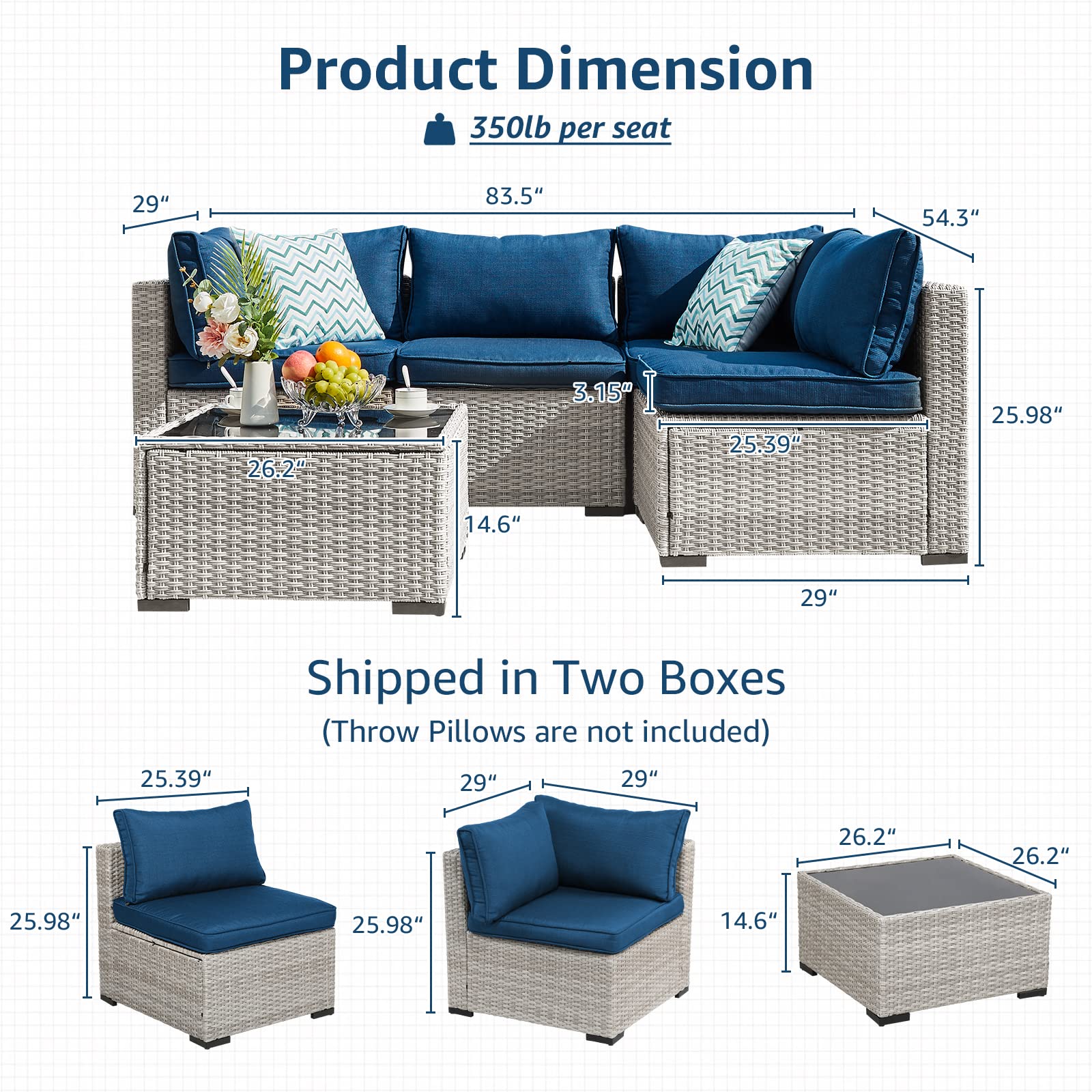 NATURAL EXPRESSIONS Patio Furniture Set Outdoor Furniture Sectional Sofa 5 Piece Wicker All Weather Outdoor Couch with Tempered Glass Coffee Table & Olefin Cushions for Deck Backyard Balcony Sun Rooms