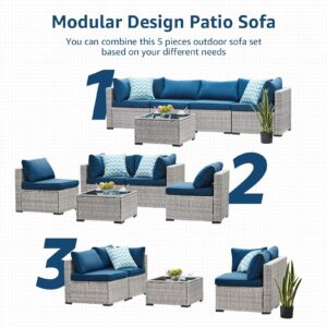 NATURAL EXPRESSIONS Patio Furniture Set Outdoor Furniture Sectional Sofa 5 Piece Wicker All Weather Outdoor Couch with Tempered Glass Coffee Table & Olefin Cushions for Deck Backyard Balcony Sun Rooms