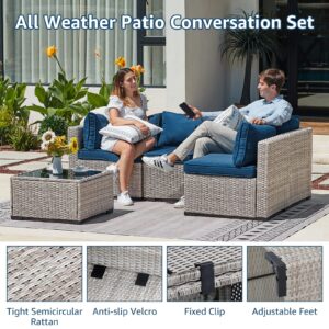 NATURAL EXPRESSIONS Patio Furniture Set Outdoor Furniture Sectional Sofa 5 Piece Wicker All Weather Outdoor Couch with Tempered Glass Coffee Table & Olefin Cushions for Deck Backyard Balcony Sun Rooms