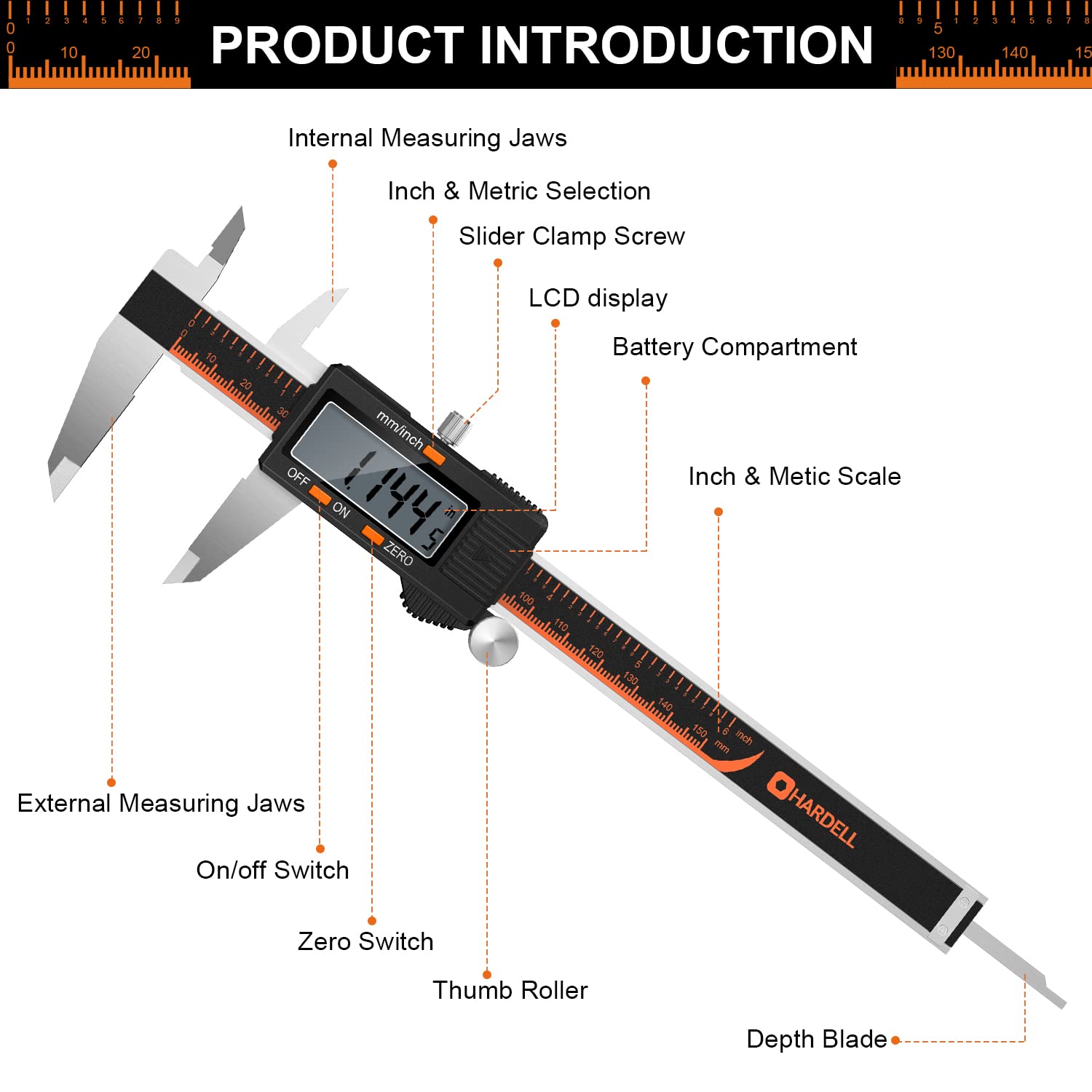 HARDELL Digital Caliper, 6 Inch Stainless Steel Caliper Measuring Tool with Large LCD Screen, Electronic Micrometer Caliper Digital Inch/Millimeter Conversion, Automatic Off(Ruler & 2 Batteries)