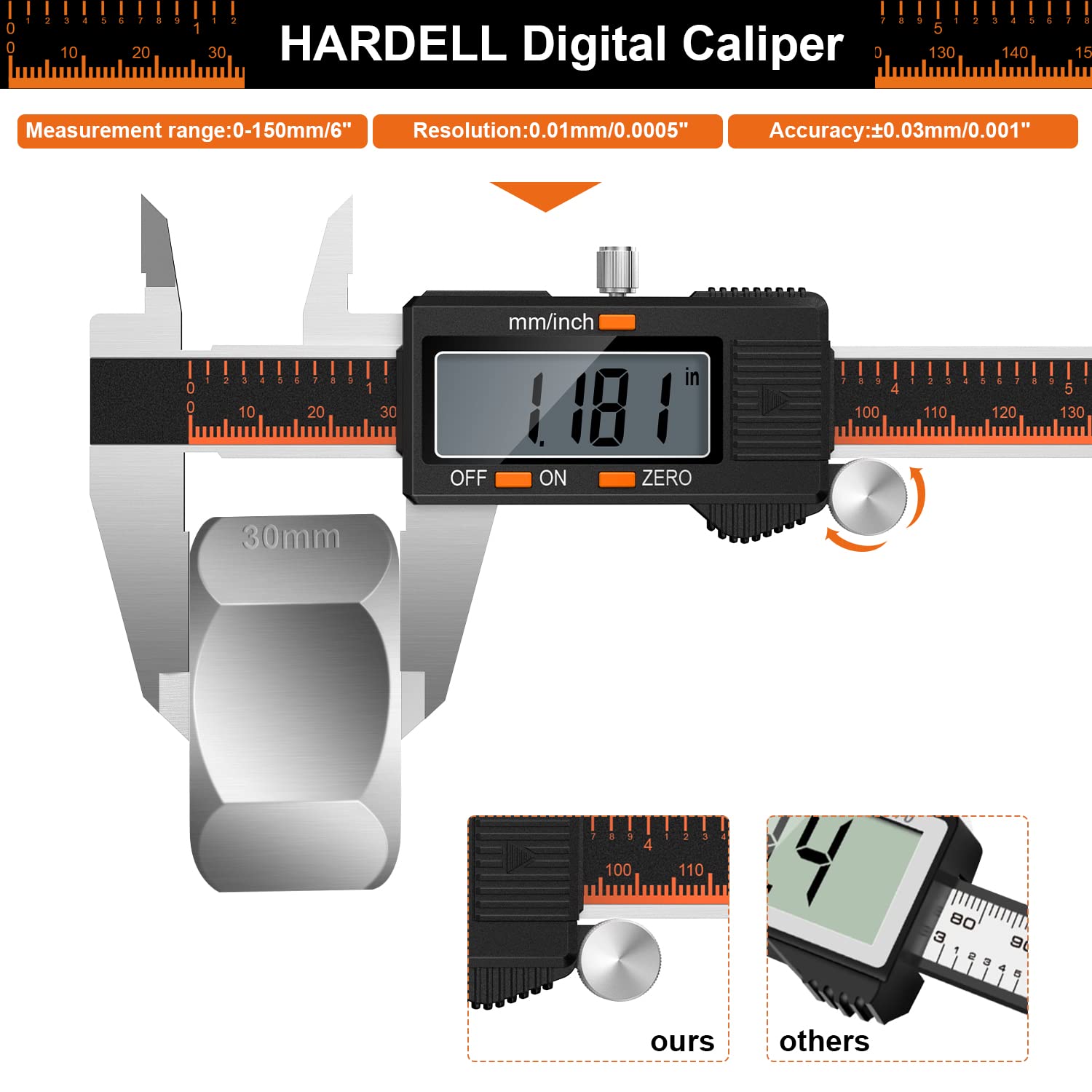 HARDELL Digital Caliper, 6 Inch Stainless Steel Caliper Measuring Tool with Large LCD Screen, Electronic Micrometer Caliper Digital Inch/Millimeter Conversion, Automatic Off(Ruler & 2 Batteries)