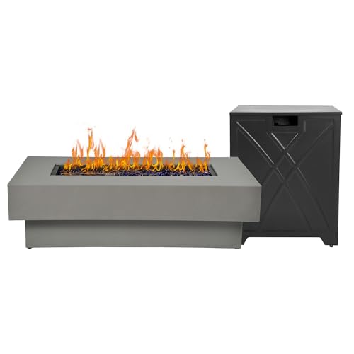 BAIDE HOME 48-inch Fire Table with 20lb Propane Tank Cover, 50,000BTU Outdoor Modern Patio Fire Pit Table w/Rectangular Burner Lid, Glass Rocks, Pre-Attached 10ft External Gas Hose