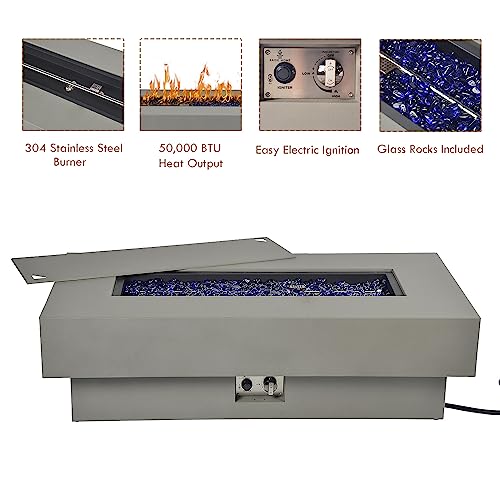 BAIDE HOME 48-inch Fire Table with 20lb Propane Tank Cover, 50,000BTU Outdoor Modern Patio Fire Pit Table w/Rectangular Burner Lid, Glass Rocks, Pre-Attached 10ft External Gas Hose