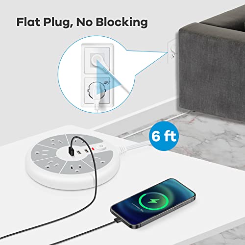 Flat Plug Power Strip with Surge Protection - 6 Outlets Flat Extension Cord Surge Protector with 3 USB Ports - Compact Charging Station Multi Plug Outlet Extender for Electronic Deivces, Home, Office