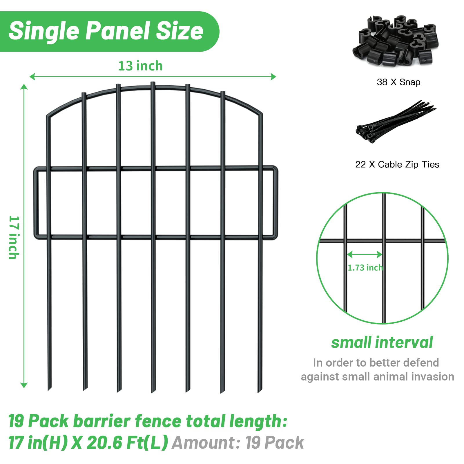 19 Pack Animal Barrier Fence, 20.6 Ft(L) X 17 in(H) No Dig Garden Decorative Fence Rustproof Garden Fence Border for Dog Rabbits Ground Stakes Defense and Outdoor Patio, T Shape