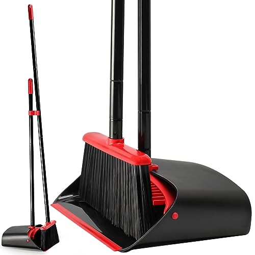 Broom and Dustpan Set with Long Handle, Extandable 52" Broom and Dust Pan Set for Home, Brooms with Standing Dustpans Combo for Sweeping Lobby Kitchen Office Indoor Floor Cleaning