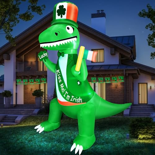 TURNMEON 8 Ft Tall 10 Ft Long Giant St. Patrick's Day Inflatable Decoration Outdoor, Blow Up Dinosaur Holding Irish Flag Shamrocks Hat Sash with LED Lights St Patrick Day Decorations Yard Garden Lawn