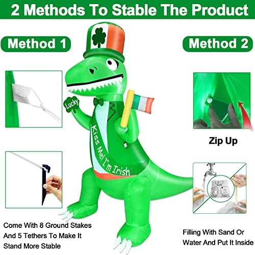 TURNMEON 8 Ft Tall 10 Ft Long Giant St. Patrick's Day Inflatable Decoration Outdoor, Blow Up Dinosaur Holding Irish Flag Shamrocks Hat Sash with LED Lights St Patrick Day Decorations Yard Garden Lawn