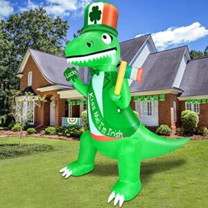 TURNMEON 8 Ft Tall 10 Ft Long Giant St. Patrick's Day Inflatable Decoration Outdoor, Blow Up Dinosaur Holding Irish Flag Shamrocks Hat Sash with LED Lights St Patrick Day Decorations Yard Garden Lawn