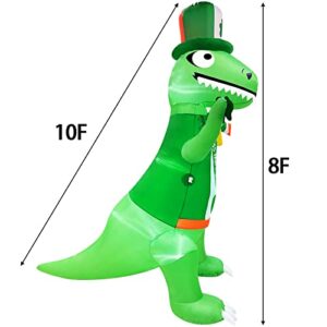 TURNMEON 8 Ft Tall 10 Ft Long Giant St. Patrick's Day Inflatable Decoration Outdoor, Blow Up Dinosaur Holding Irish Flag Shamrocks Hat Sash with LED Lights St Patrick Day Decorations Yard Garden Lawn