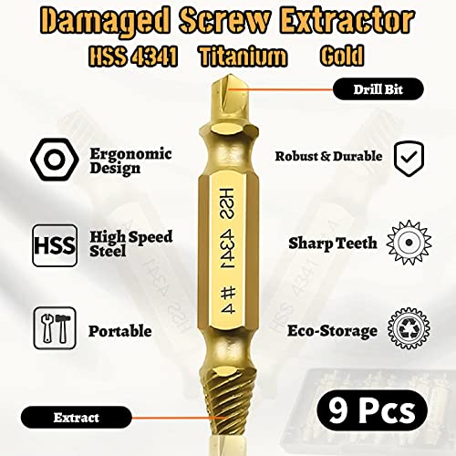 9 Pcs Damaged Screw Extractor Kit, Miuudby HSS 4341 Material Damaged & Stripped Screw Extractor Set For Easy Out And Speed Out Remover Common Size of Broken Tool And Titanium Extractor Drill Bit, Gold