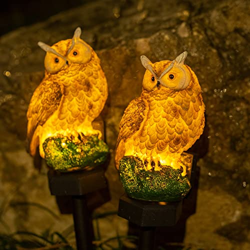 Dazzle Bright Owl Figure Solar LED Lights, Resin Garden Waterproof Decorations with Stake for Outdoor Yard Pathway Outside Patio Lawn Decor to Scare Birds Away, Brown (2 Pack)