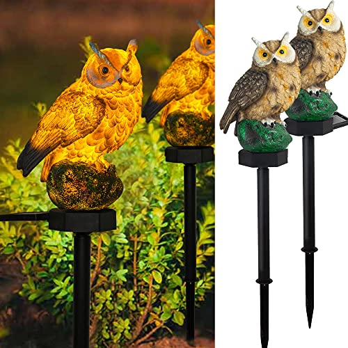 Dazzle Bright Owl Figure Solar LED Lights, Resin Garden Waterproof Decorations with Stake for Outdoor Yard Pathway Outside Patio Lawn Decor to Scare Birds Away, Brown (2 Pack)