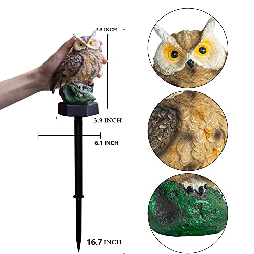 Dazzle Bright Owl Figure Solar LED Lights, Resin Garden Waterproof Decorations with Stake for Outdoor Yard Pathway Outside Patio Lawn Decor to Scare Birds Away, Brown (2 Pack)