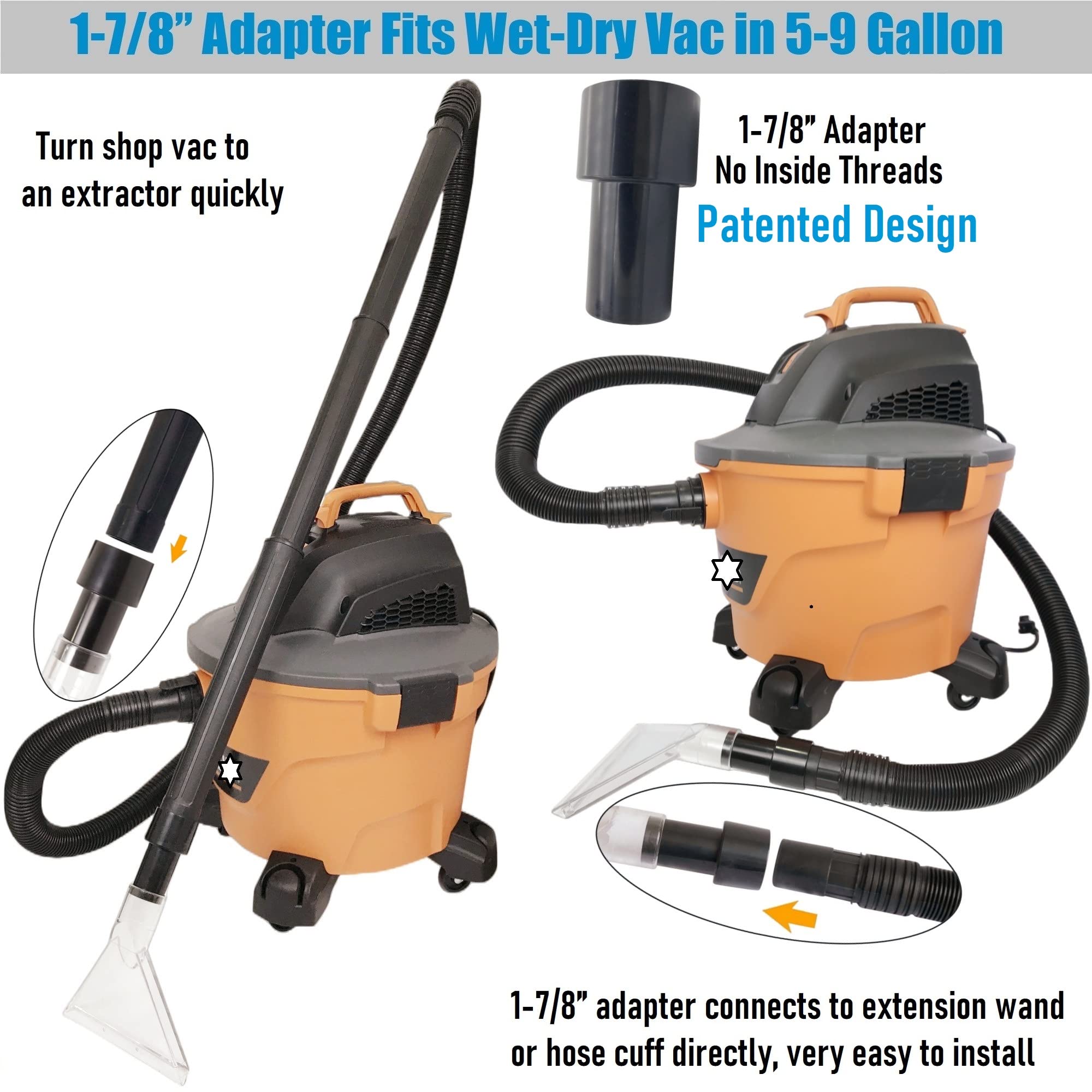 Happy Tree Universal Fits All Shop Vacs with 2-1/2"& 1-7/8" & 1-1/4" Adapters Large 7-1/2"& Small 3-1/2" Clear Head for Upholstery/Carpet Cleaning, Shop Vac Extractor Attachment