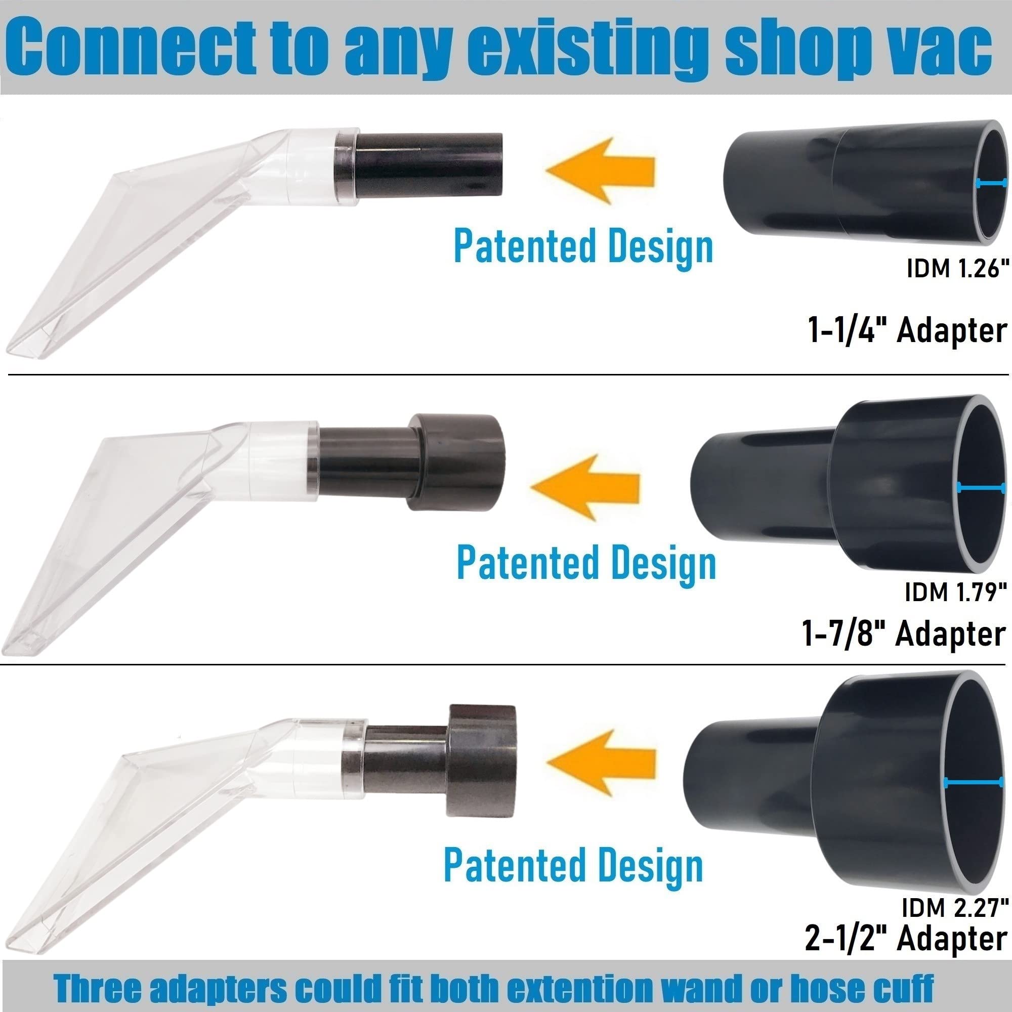 Happy Tree Universal Fits All Shop Vacs with 2-1/2"& 1-7/8" & 1-1/4" Adapters Large 7-1/2"& Small 3-1/2" Clear Head for Upholstery/Carpet Cleaning, Shop Vac Extractor Attachment