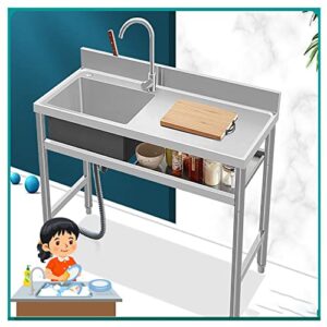 free standing portable utility sink stainless steel free-standing kitchen sink commercial restaurant sink utility sink w/workbench & storage, faucet & drainboard 120x50x80cm/47.2x19.7x31.5in left