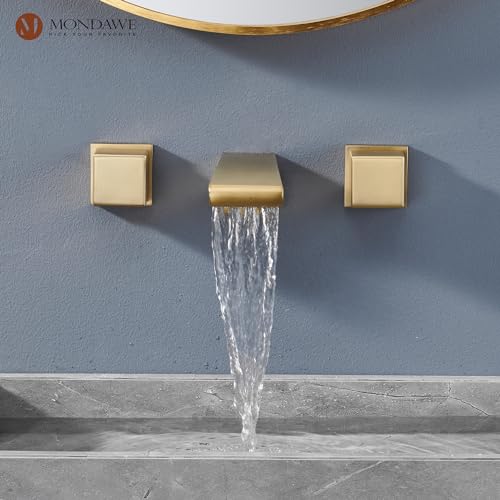 MONDAWE Brushed Gold Bathroom Faucets, Wall Mounted Sink Faucet with 2-Handle, Modern 3 Holes Widespread Basin Faucet