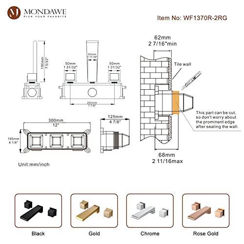 MONDAWE Brushed Gold Bathroom Faucets, Wall Mounted Sink Faucet with 2-Handle, Modern 3 Holes Widespread Basin Faucet