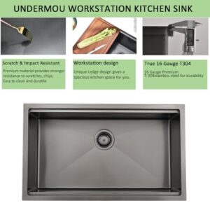 33 Inch Black Undermount Workstation Sink- Wesliv 33 x19x 9 Inch Undermount Workstation Sink Handmade 16 Gauge Single Bowl Kitchen Sink Deep Undermount Kitchen Sink Basin with Accessories