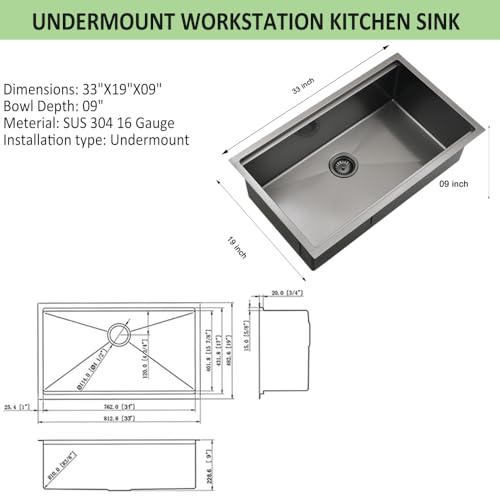 33 Inch Black Undermount Workstation Sink- Wesliv 33 x19x 9 Inch Undermount Workstation Sink Handmade 16 Gauge Single Bowl Kitchen Sink Deep Undermount Kitchen Sink Basin with Accessories