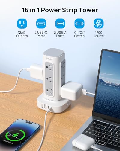 TROND Tower Power Strip Surge Protector - Power Strip with 4 USB Ports(2 USB C), 12 Widely Spaced Outlets, Ultra Thin Flat Plug 10ft Extension Cord, 1700J, for Home Office Supplies, Dorm Essentials