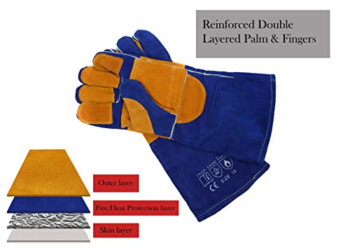 16 Inches Suede Leather welding gloves Fir/Heat Resistant Gloves for Tig welder, bbq Grill, woodstove, Mig Welding Etc. Heavy Duty Gloves in Blue by RUSH