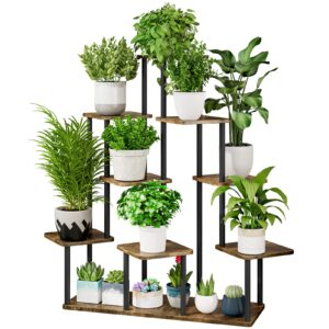 azerpian plant stand 9 tier indoor metal flower shelf for multiple plants corner tall flower holders for patio garden living room balcony bedroom, black+rustic brown