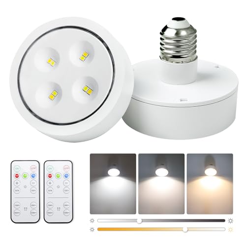 KELUOLY Battery Operated Light Bulbs Sets of 2, LED Puck Lights with Remote Control, AA Battery Bulb with Memory Function, dimmable E26 Screw in Type for Non Electric Pendant Light and Wall Sconce