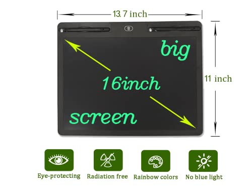 Large LCD Writing Tablet 16 Inch Screen 4 Adult & Kid, Standalone Electronic Graphic Drawing & Doodle Pad No Computer Needed, Erasable Message Board w 2 Styluses, (Black Case, Green Writing Color)