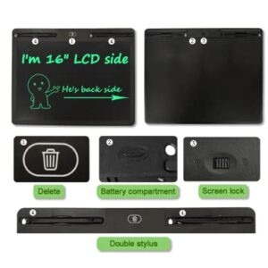 Large LCD Writing Tablet 16 Inch Screen 4 Adult & Kid, Standalone Electronic Graphic Drawing & Doodle Pad No Computer Needed, Erasable Message Board w 2 Styluses, (Black Case, Green Writing Color)