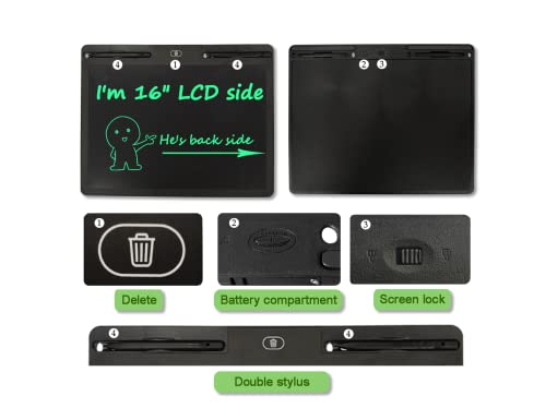 Large LCD Writing Tablet 16 Inch Screen 4 Adult & Kid, Standalone Electronic Graphic Drawing & Doodle Pad No Computer Needed, Erasable Message Board w 2 Styluses, (Black Case, Green Writing Color)