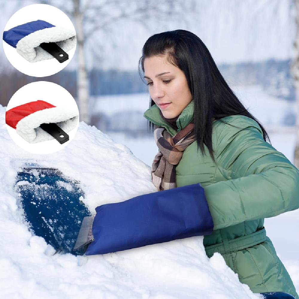 SEIWEI 2 Pack Car Windscreen Ice Scraper Removal No Scratch Handheld Snow Frost Scrapers Van Truck Windshield Cleaning Tool with Mitt Glove (Blue and Red)