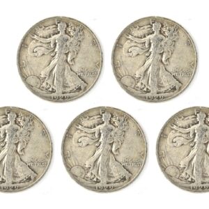 1916-1947 Set of 5 Silver Walking Liberty Half Dollar Coins. A Beautiful USA .90 Percent Silver Coin Set, 1.80 Troy Ounces Silver Weight. 50 Cents (5 Coins) Graded By Seller Circulated Condition