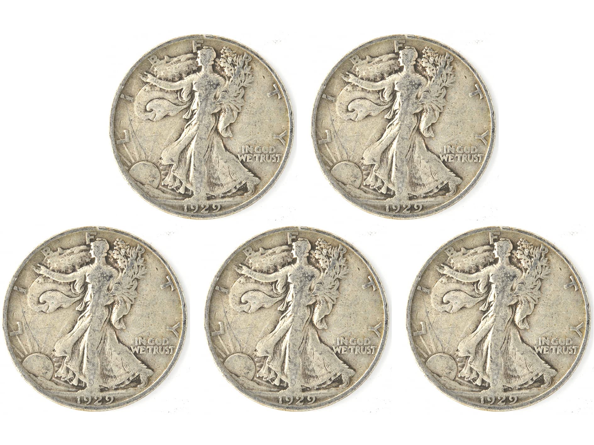 1916-1947 Set of 5 Silver Walking Liberty Half Dollar Coins. A Beautiful USA .90 Percent Silver Coin Set, 1.80 Troy Ounces Silver Weight. 50 Cents (5 Coins) Graded By Seller Circulated Condition