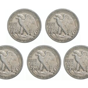 1916-1947 Set of 5 Silver Walking Liberty Half Dollar Coins. A Beautiful USA .90 Percent Silver Coin Set, 1.80 Troy Ounces Silver Weight. 50 Cents (5 Coins) Graded By Seller Circulated Condition