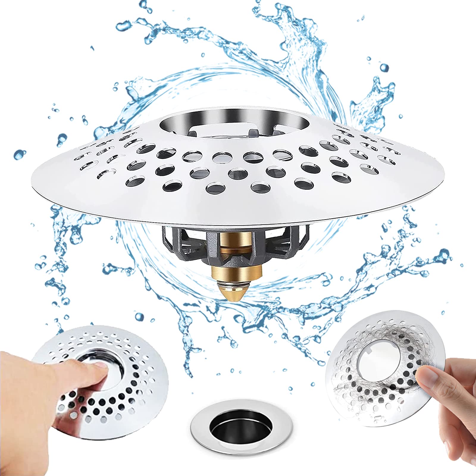 Universal Bathtub Stopper for 1.3-1.6”, Tub Drain Stoppers with Shower Drain Hair Catcher, Upgraded Brass Bathroom Basin Pop-Up Bath Tub Stopper Drain Cover Plug, Anti Clogging Bathroom Drain Strainer