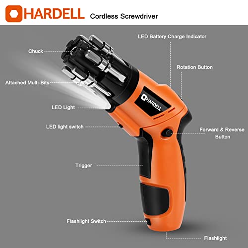 HARDELL Electric Screwdriver Cordless, 3.6V Rechargeable Power Screwdriver With Rear Flashlight, 6 In 1 Electric Screwdriver Set For Assembly Furniture, 1.5Ah Li-Ion Battery Screwdriver, 3.5 N.m