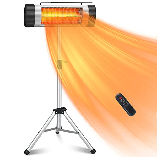 Outdoor Patio Heater, 1500W Electric Infrared Heater with Remote, 3 Modes, 24H Timer Auto Shut Off, Outdoor Space Heater with Tip-over Over-heat Protection, Waterproof，Wall-mounted/Tripod For Garage