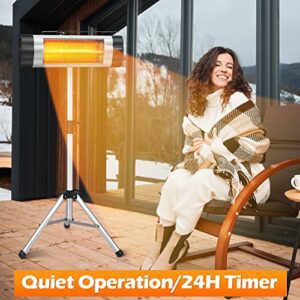 Outdoor Patio Heater, 1500W Electric Infrared Heater with Remote, 3 Modes, 24H Timer Auto Shut Off, Outdoor Space Heater with Tip-over Over-heat Protection, Waterproof，Wall-mounted/Tripod For Garage