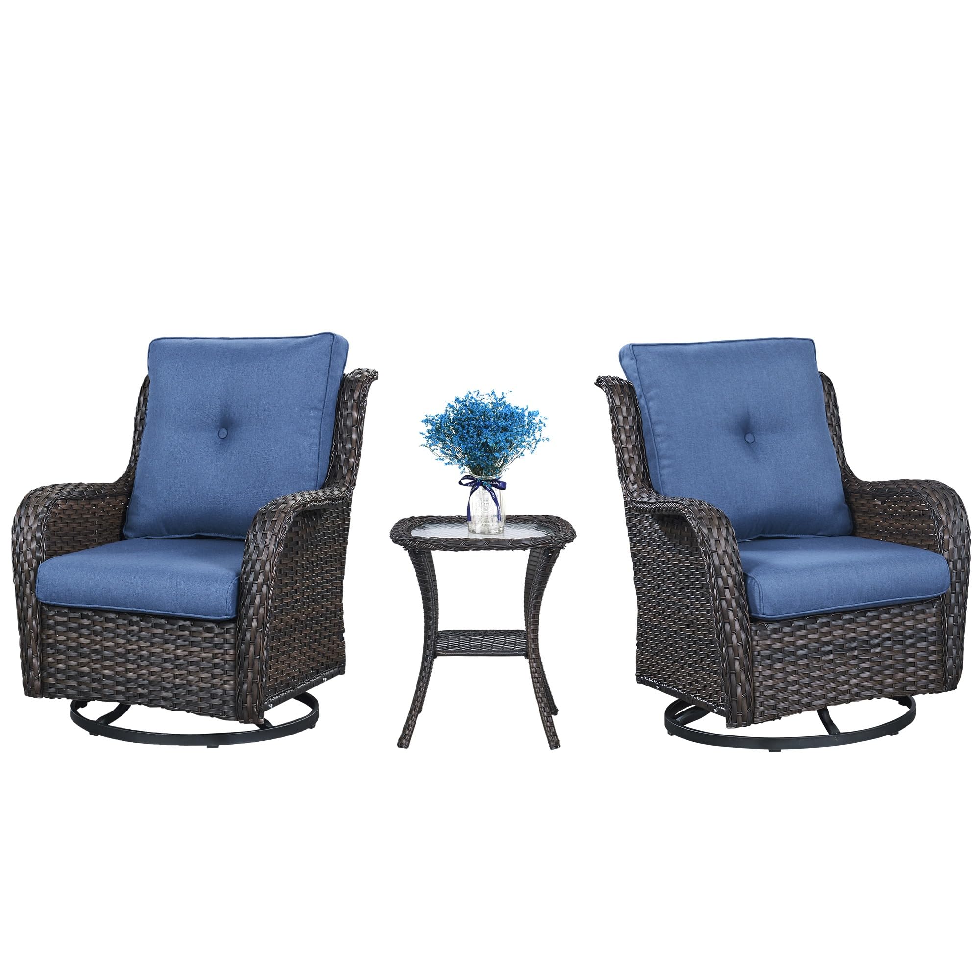 Belord Outdoor Swivel Rcoker Patio Chair - 3 Pieces Wicker Swivel Glider Chairs with Side Table, Patio Furniture Set for Porch Deck Balcony Garden