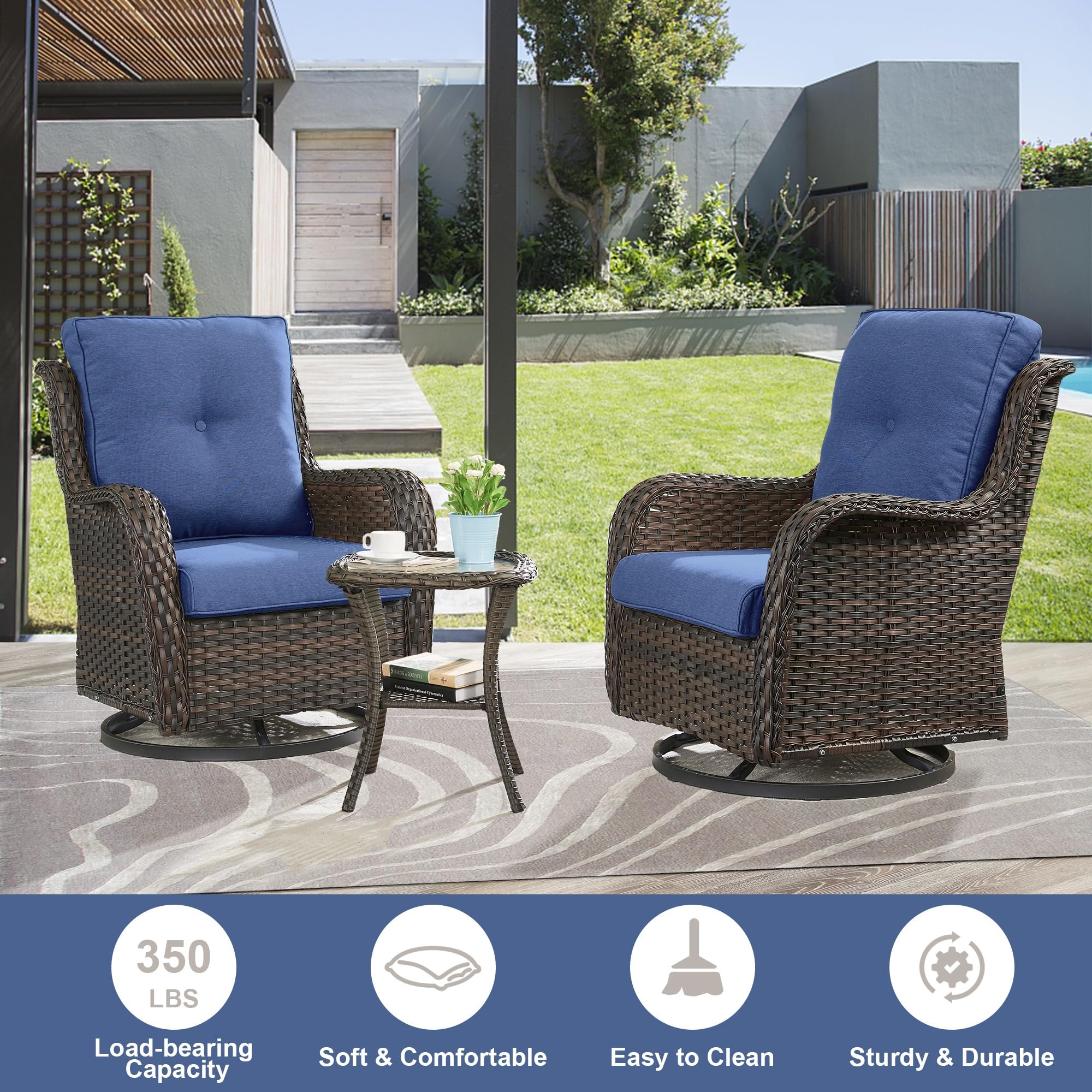 Belord Outdoor Swivel Rcoker Patio Chair - 3 Pieces Wicker Swivel Glider Chairs with Side Table, Patio Furniture Set for Porch Deck Balcony Garden