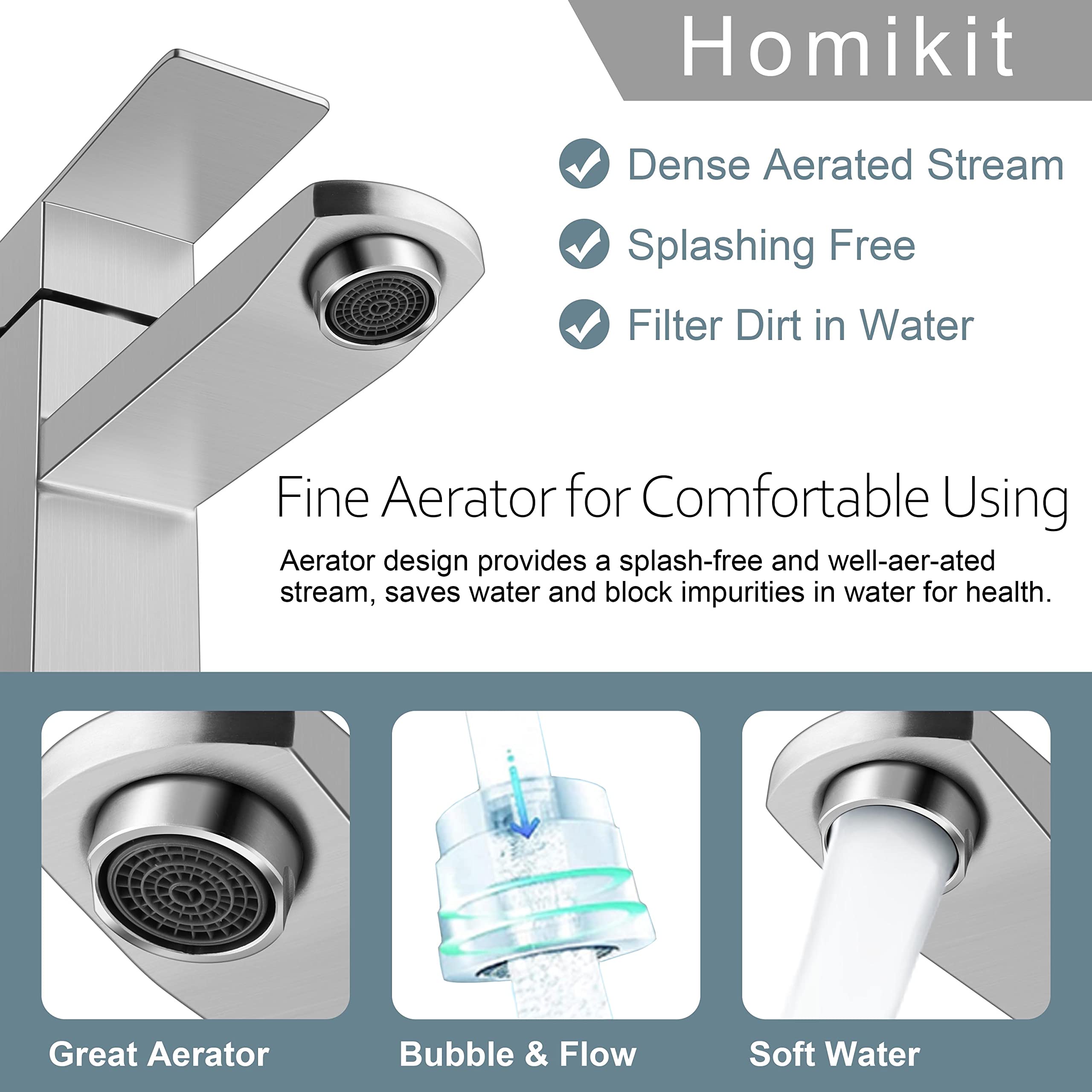 Homikit Brushed Nickel Single Handle Bathroom Faucet with Pop Up Drain, 1 or 3 Holes, Stainless Steel Vanity RV Lavatory Faucet with Deck Plate, 2 Water Supply Hoses